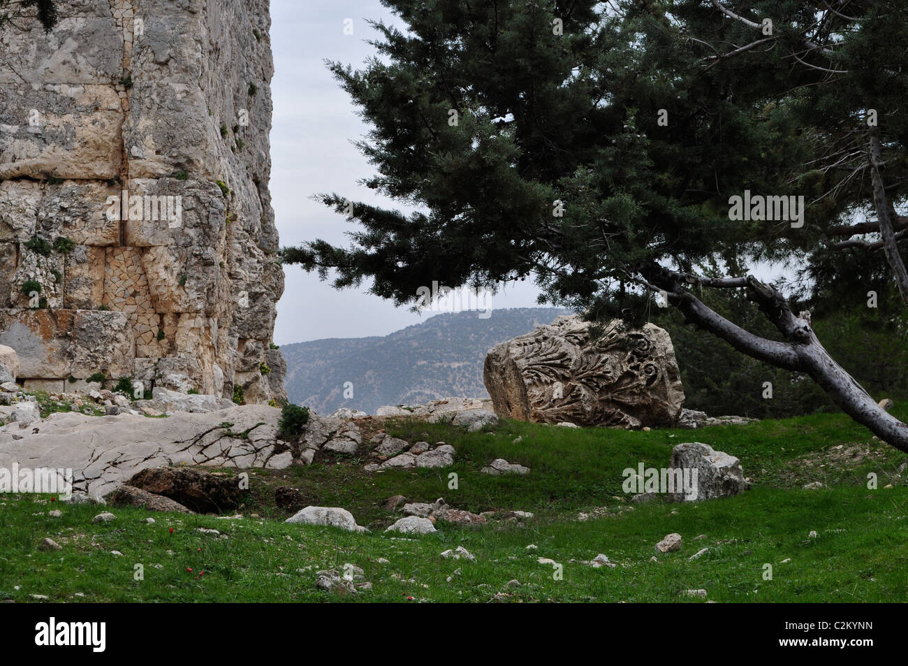 Hilltop Roman temple ruins at Majdal Anjar, Lebanon near Syrian border ...