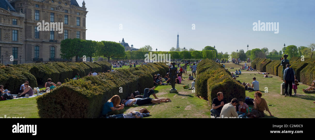 Paris, France, Large Crowd People warm weather stress on Lawn in ...