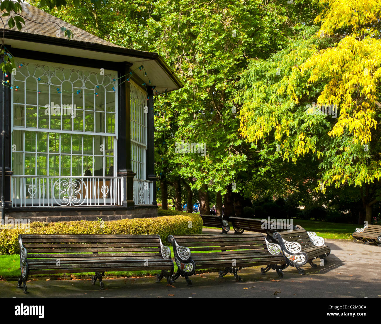The bandstand and benches at in the grounds of Nottingham Castle ...