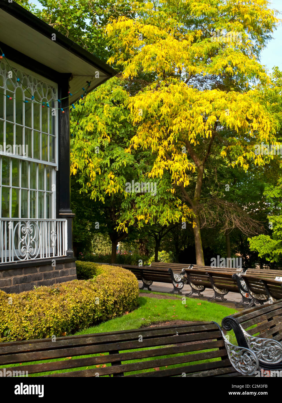 The bandstand and benches at in the grounds of Nottingham Castle ...