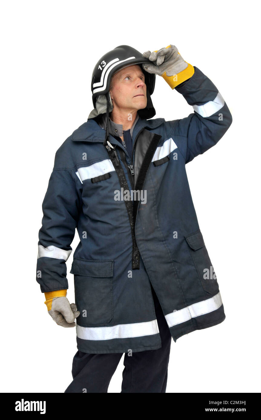 Fireman in uniform isolated in white Stock Photo - Alamy