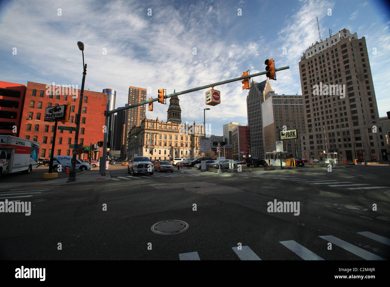 An empty signalized intersection in downtown Detroit Michigan 2011 ...