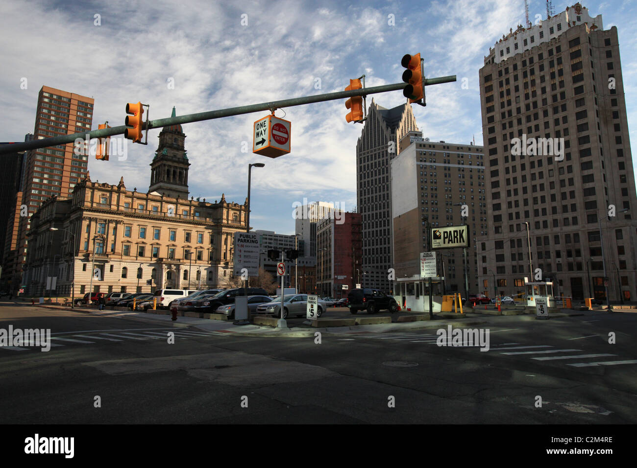 An empty signalized intersection in downtown Detroit Michigan 2011 ...