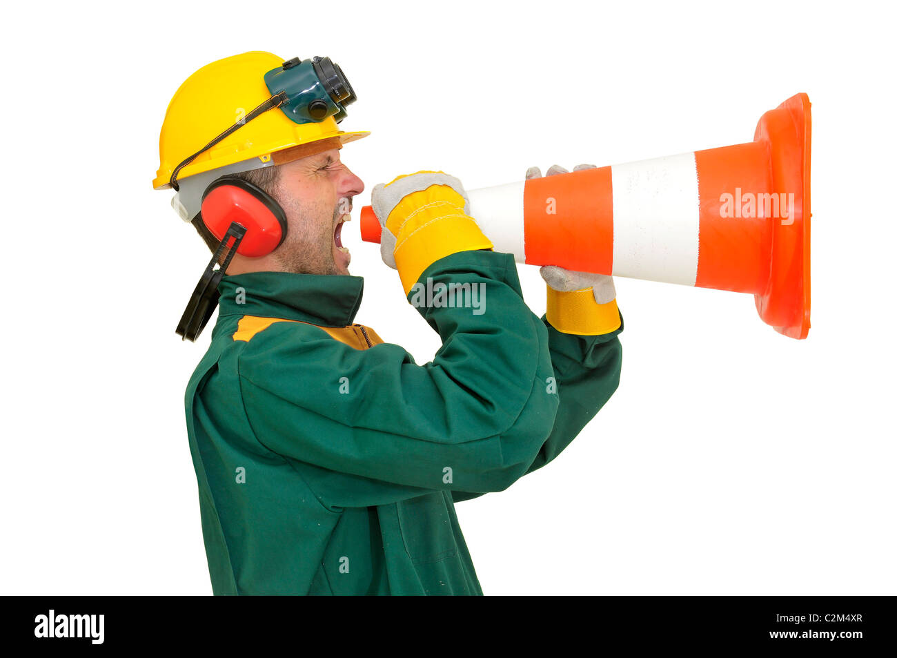 Construction worker shouting isolated in white Stock Photo - Alamy