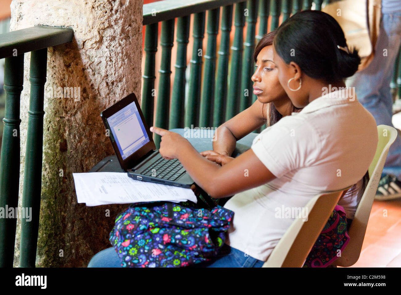 Students using wifi at Rafael Nunez University, Cartagena, Colombia ...