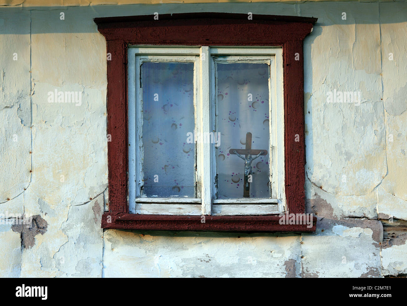 very old window and crucifix in an old lower silesian farmhouse ...