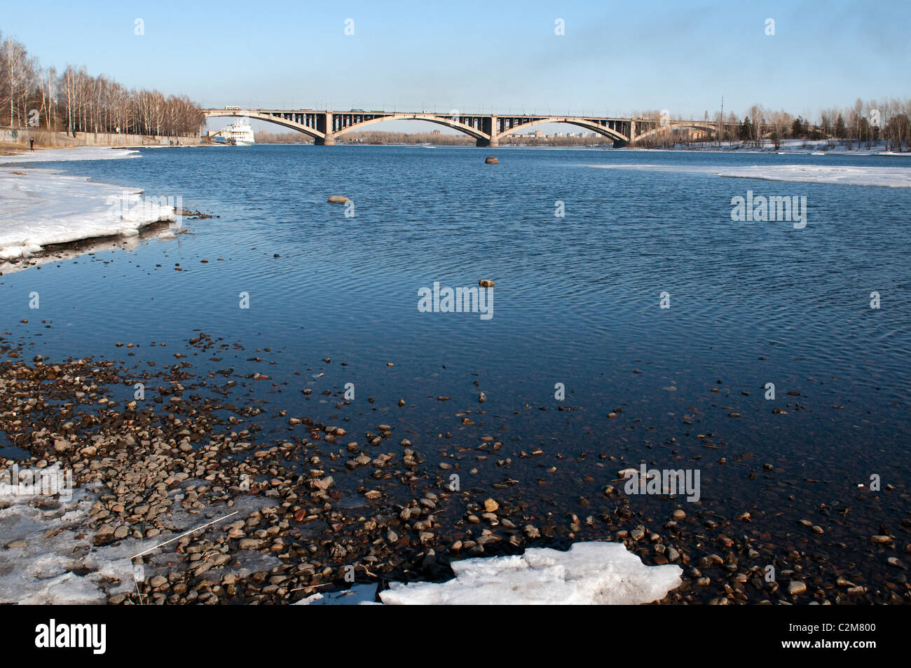 View on Krasnoyarsk and bridge over the Enisei river. Siberia, Russia ...
