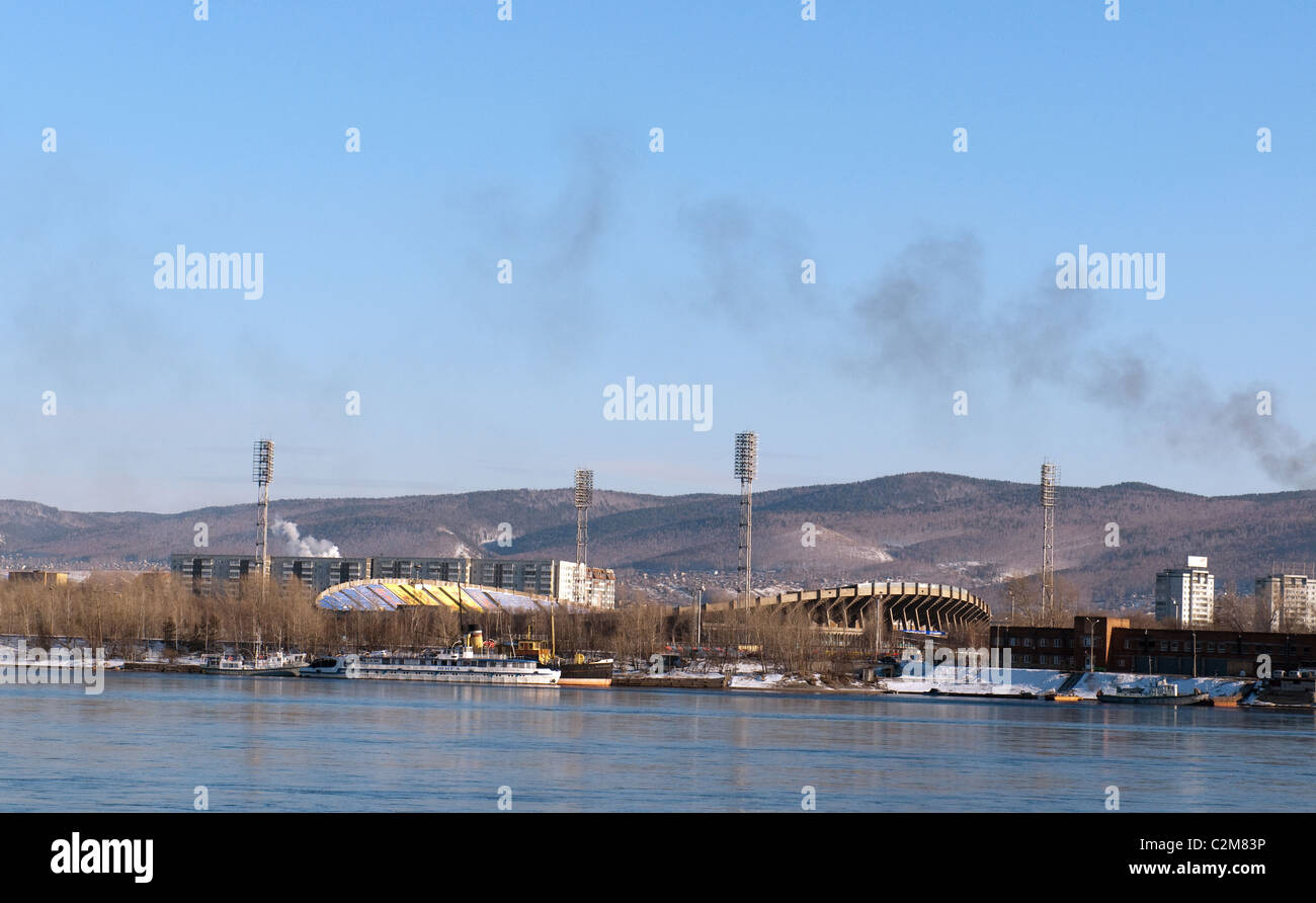 View on Krasnoyarsk stadium and the Enisei river. Siberia, Russia Stock ...