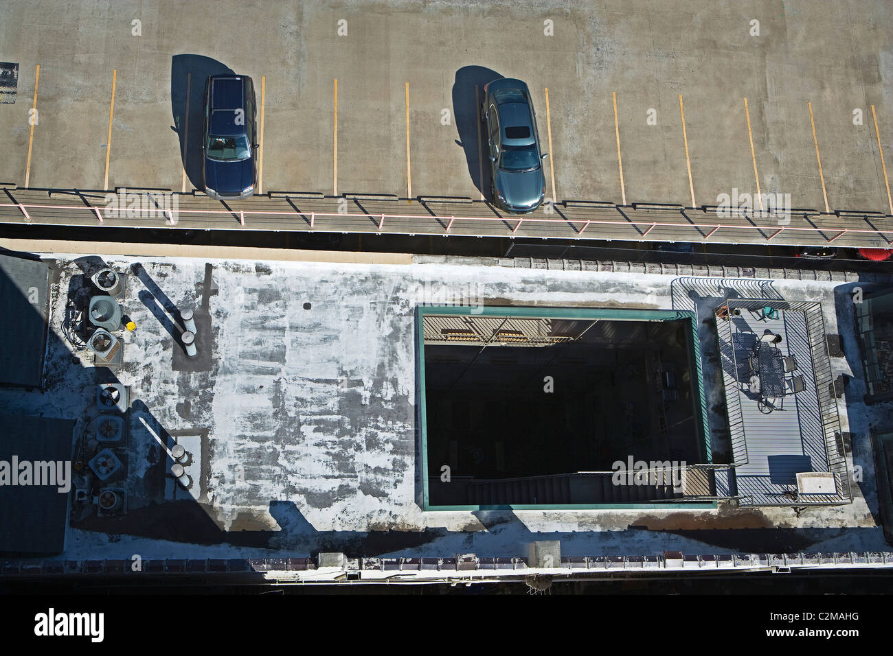 Urban rooftops in the hot summer heat with rooftops and brick buildings ...