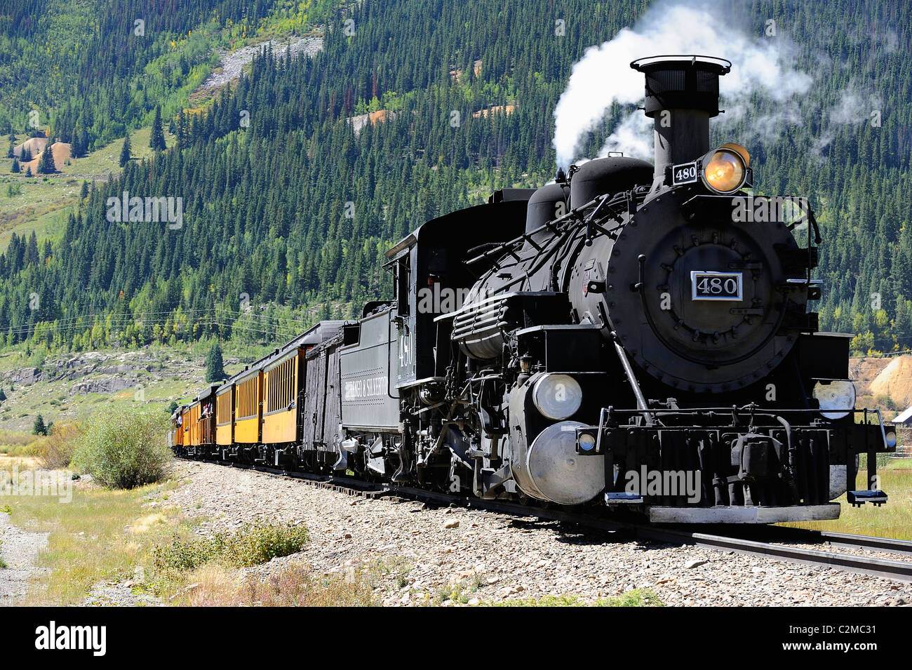 A steam engine, locomotive on the railroad between Durango and ...