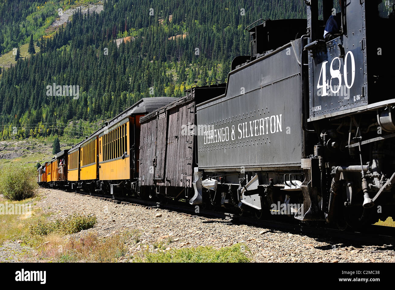 A steam engine, locomotive on the railroad between Durango and ...