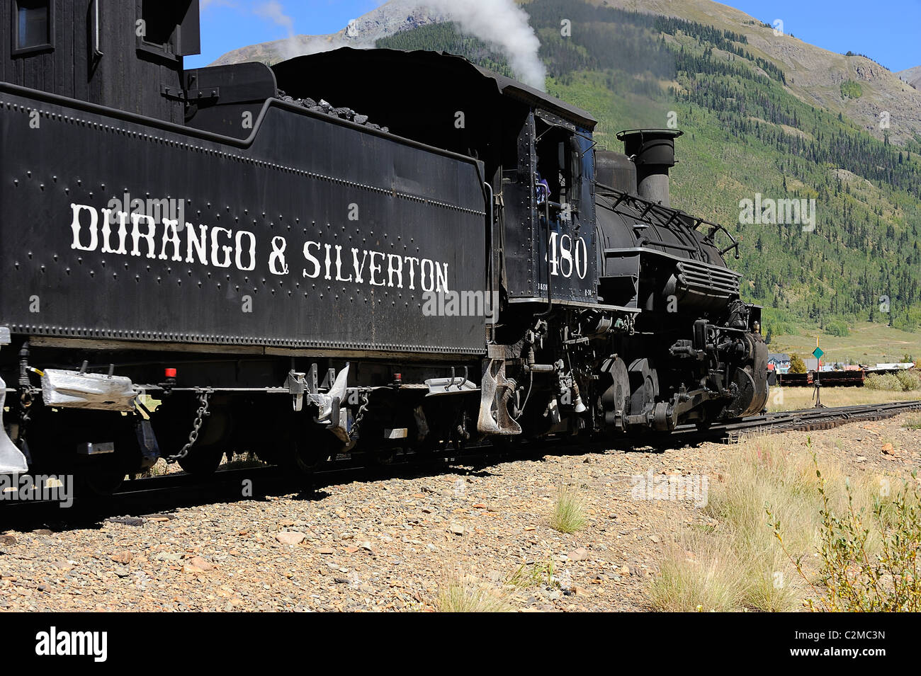 A steam engine, locomotive on the railroad between Durango and ...
