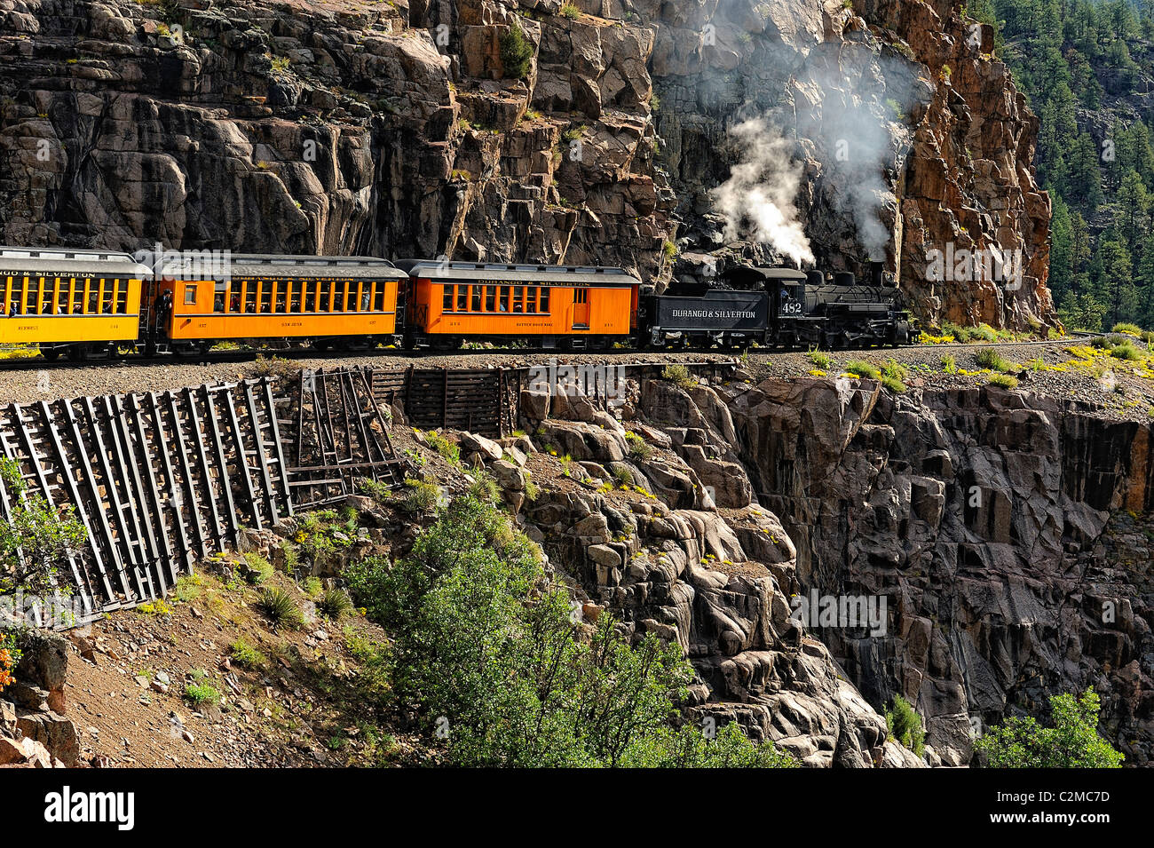 A steam engine, locomotive on the railroad between Durango and ...