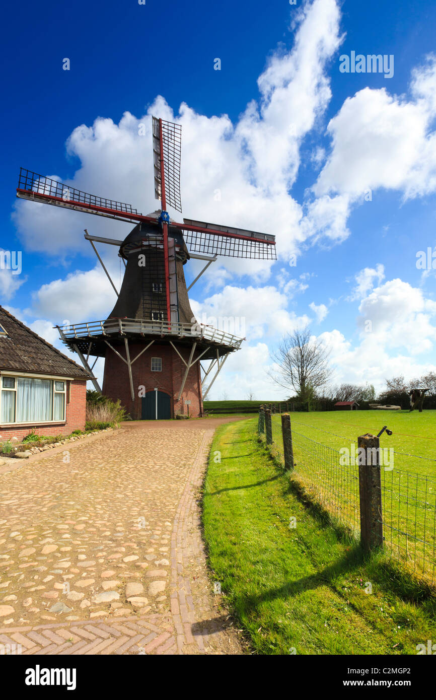Dutch windmill underneath a clouded blue sky Stock Photo - Alamy