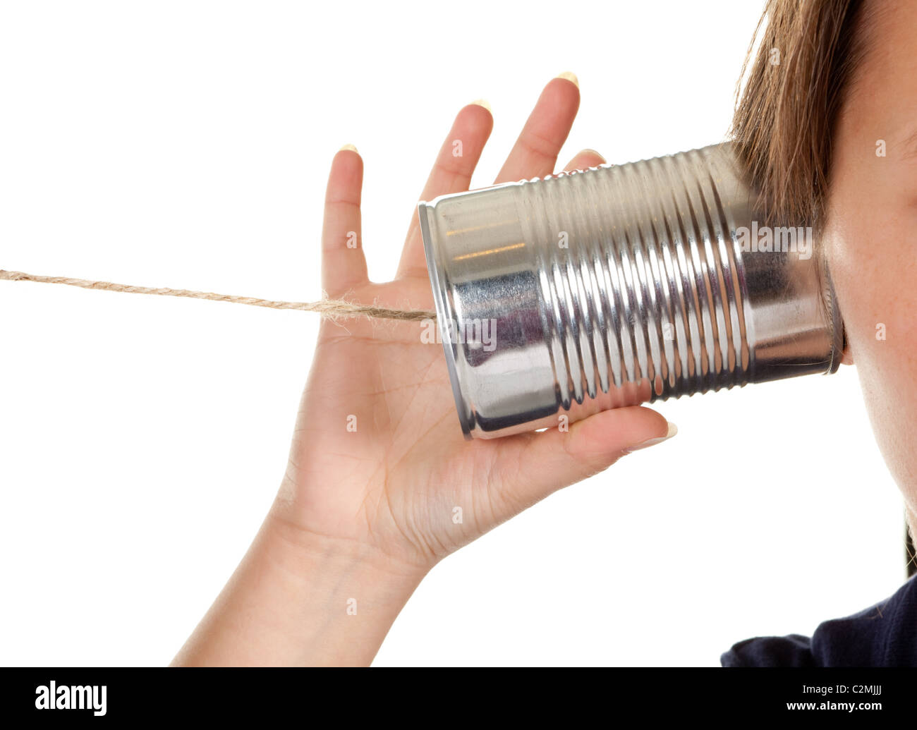 Female hand making a phone call through a can and wire Stock Photo - Alamy