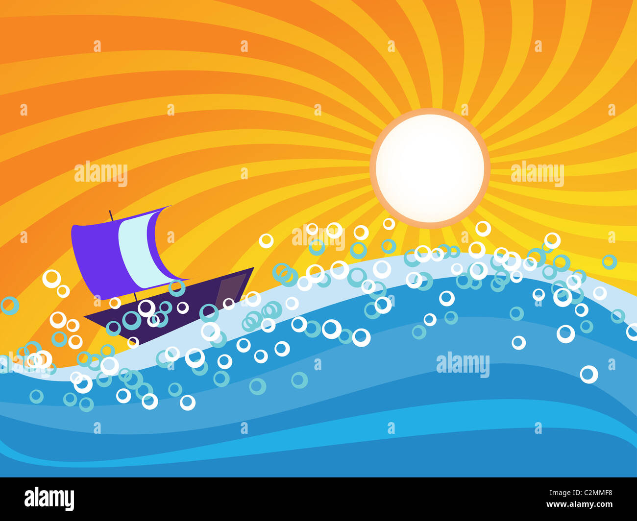 Sea wave with blue and white bubbles and orange sunburst sky with ...