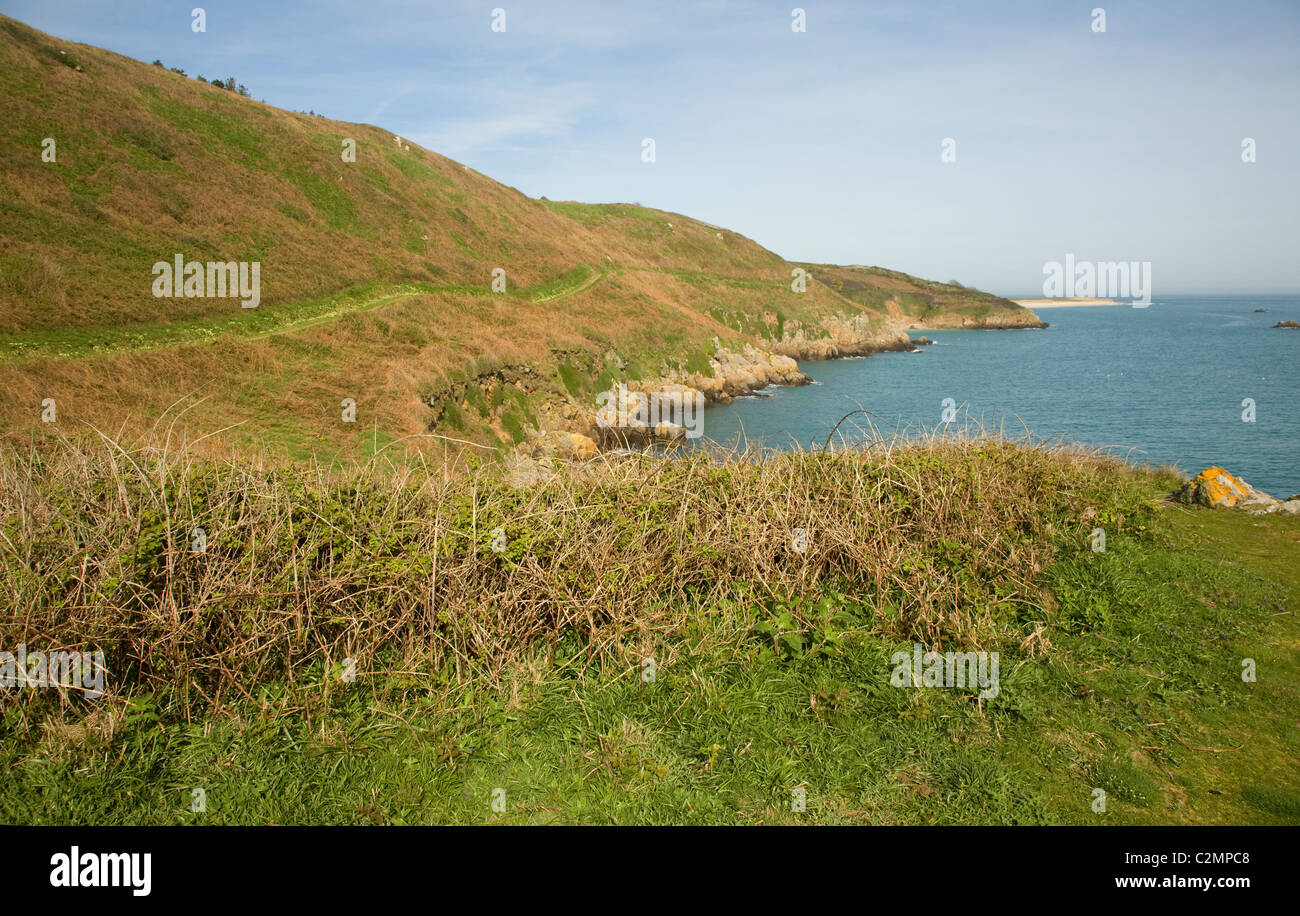 Coastal footpath south Herm island Channel islands looking north to ...