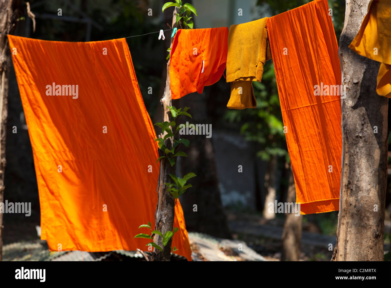 Buddhist monk's robe hanging on the clothesline in Wat Sri Chum ...