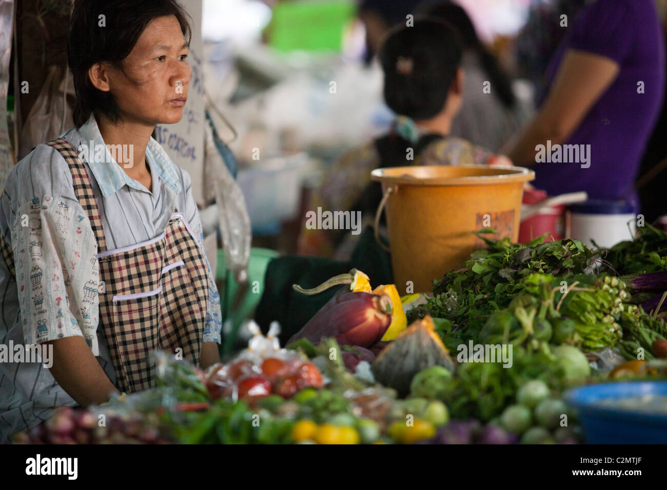 Vegetable store shopkeeper waiting for customer local market, Lampang ...