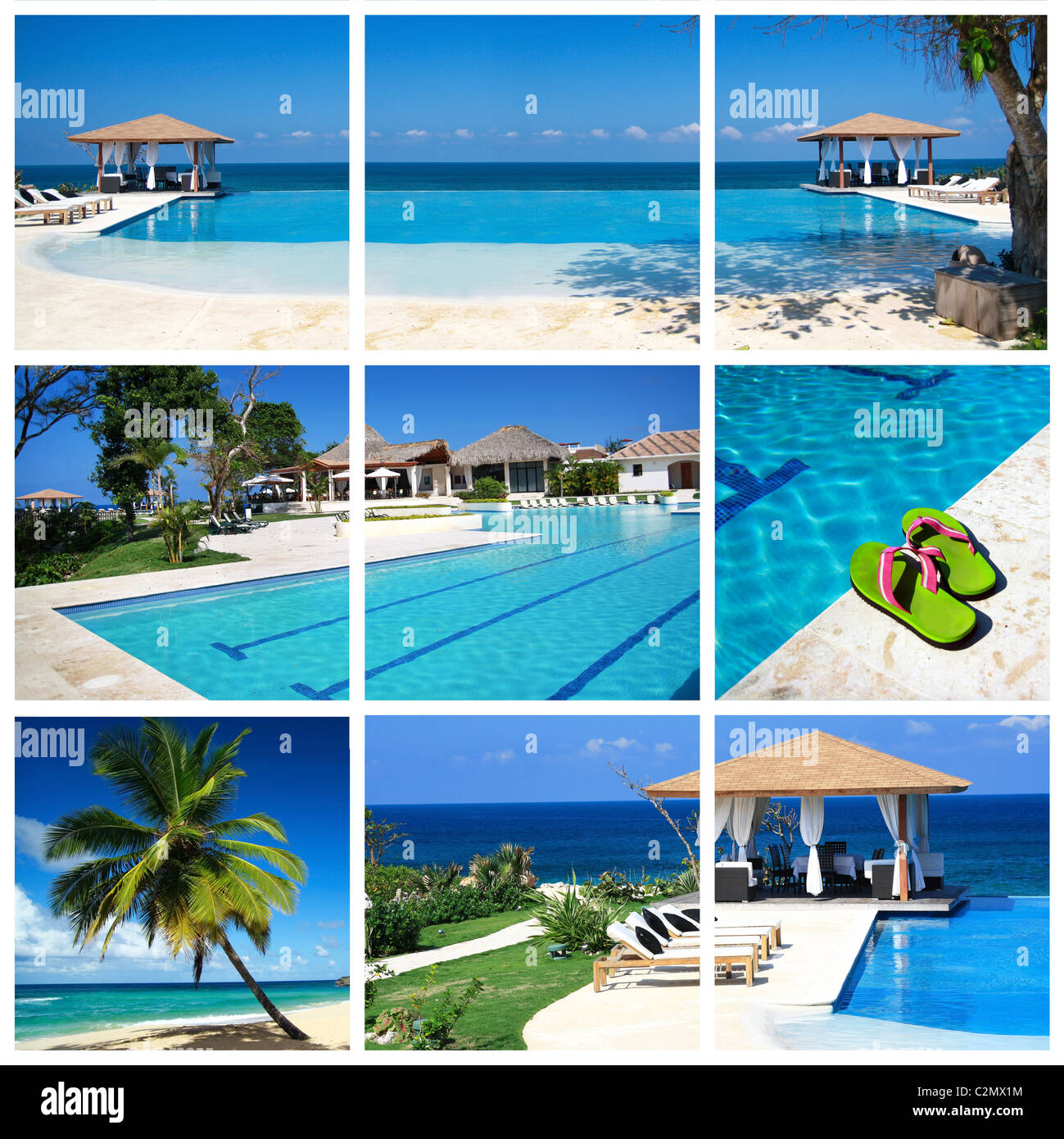 Collage with luxury swimming pool and summerhouse Stock Photo - Alamy