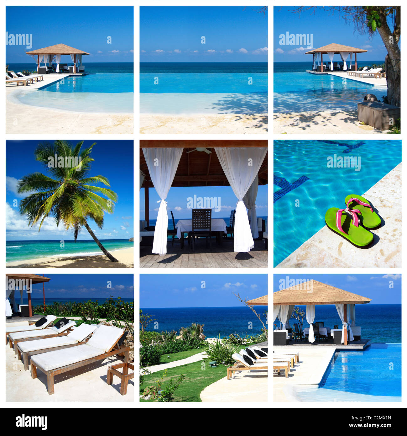 Collage with luxury swimming pool and summerhouse Stock Photo - Alamy