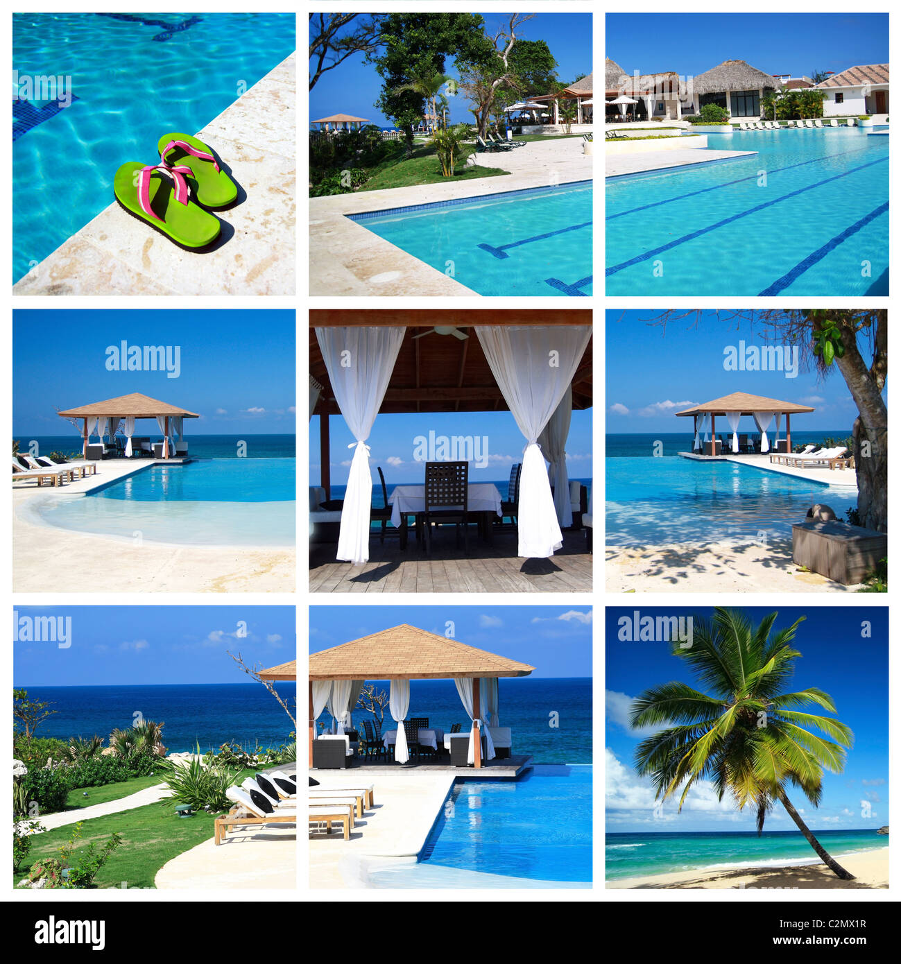 Collage with luxury swimming pool and summerhouse Stock Photo - Alamy