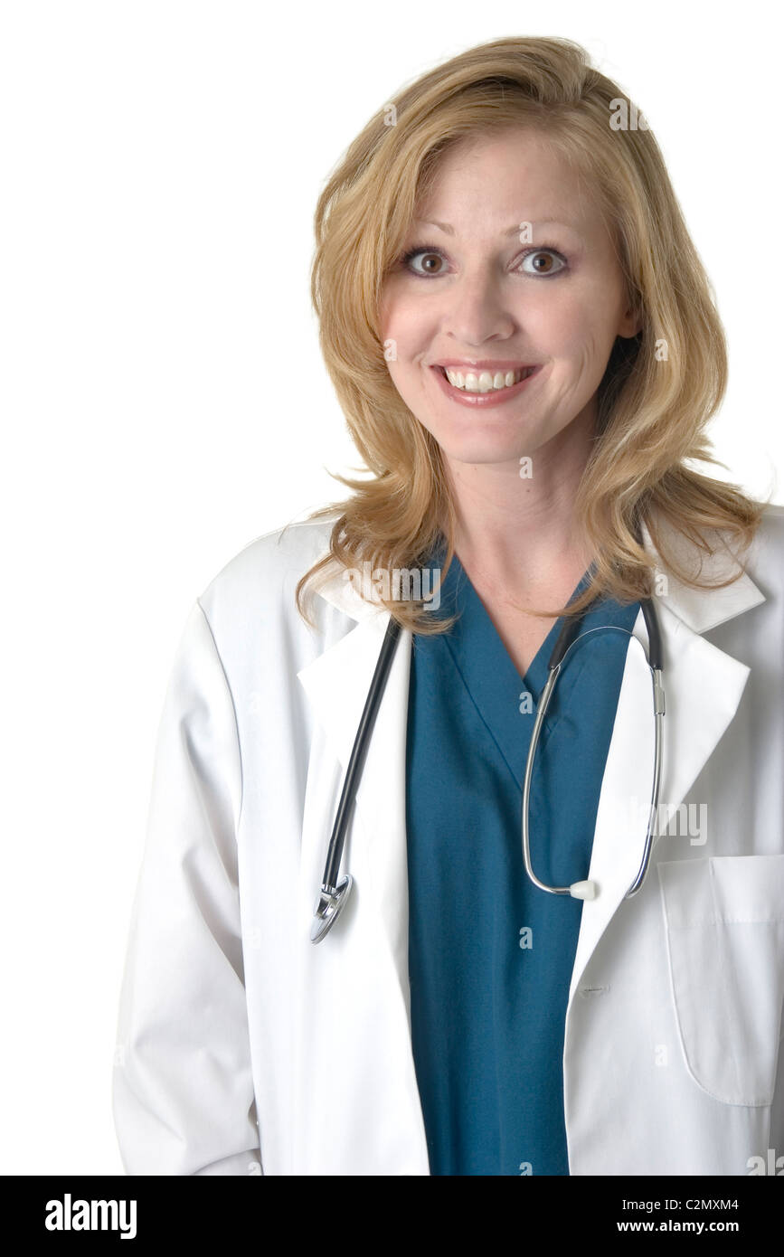attractive friendly smiling lady doctor on white Stock Photo - Alamy