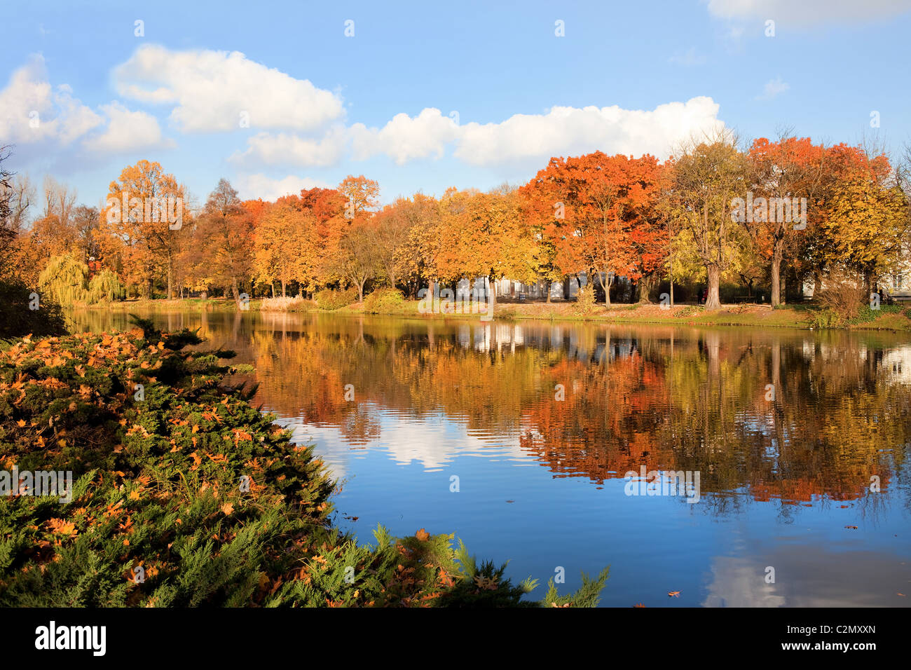 Idyllic autumn scenery of the Lazienki Royal Park in Warsaw, Poland ...