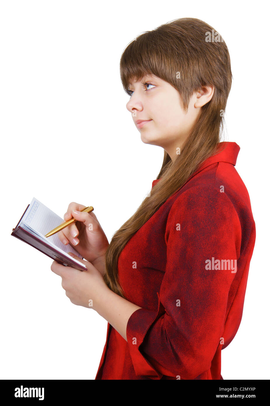 young beautiful girl with a notebook. Isolated white background Stock ...