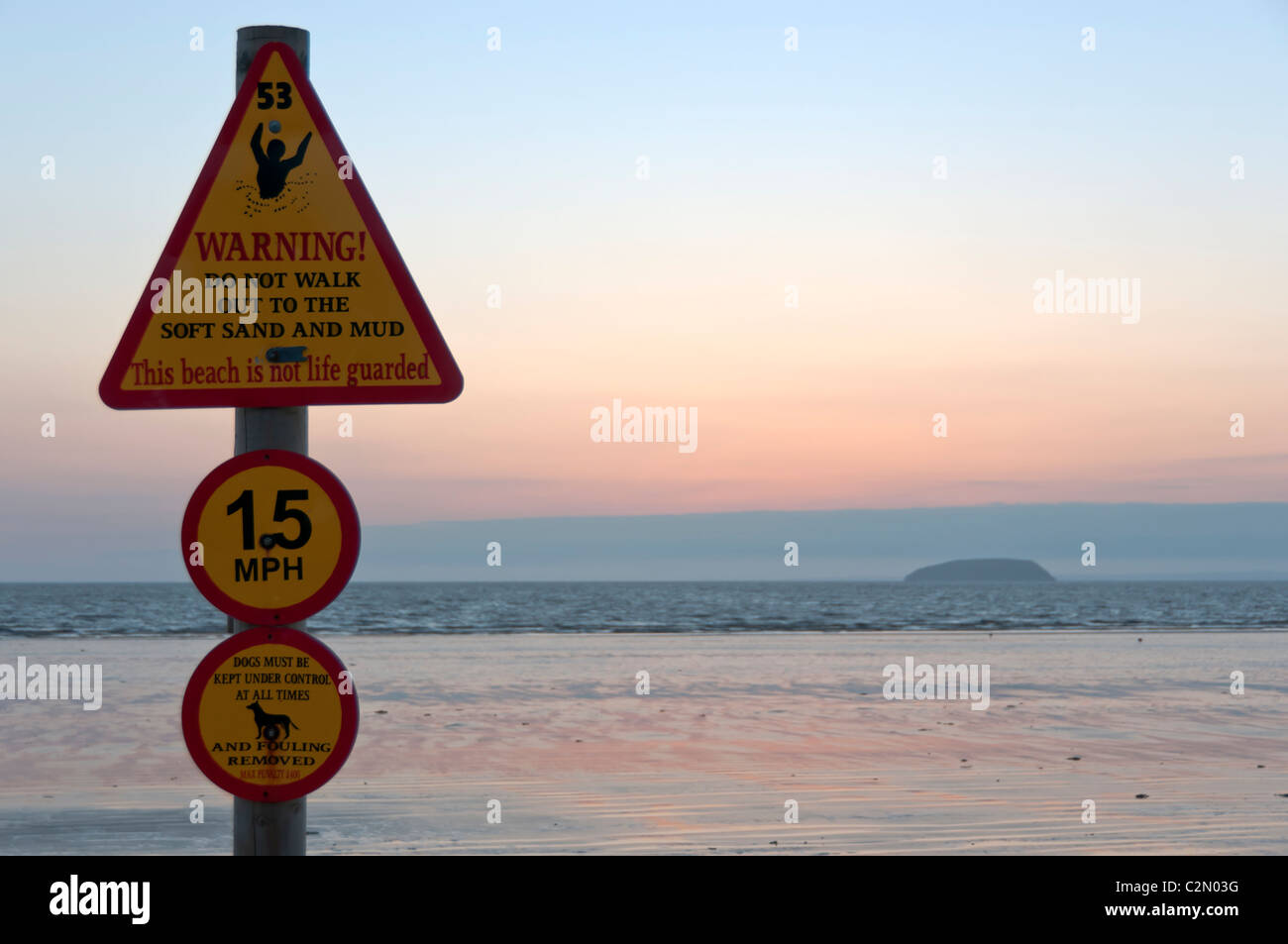 Soft sand warning sign at Brean Beach, near Burnham-on Sea, Somerset ...