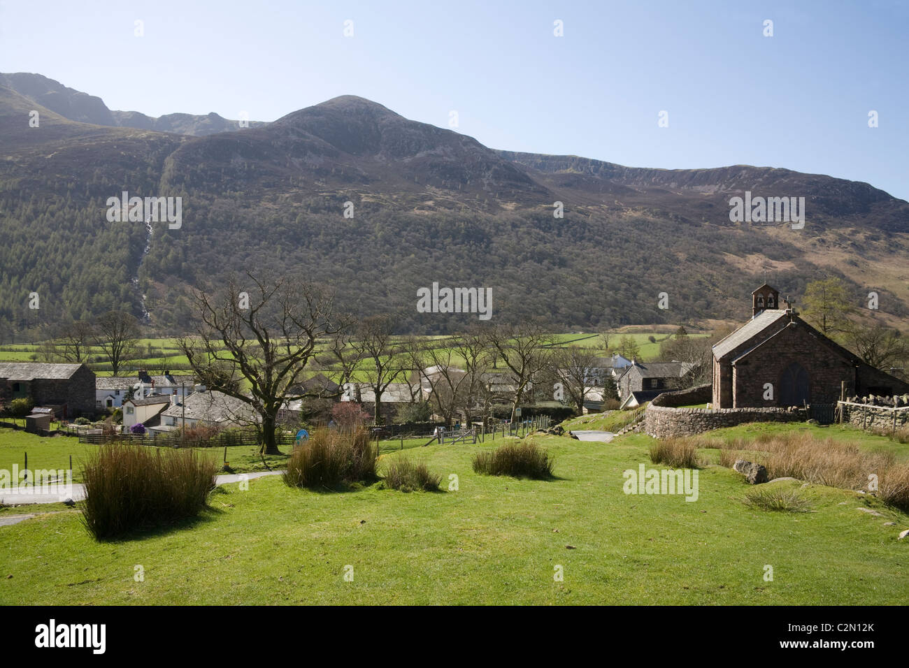 Lake District Cumbria Looking down on Buttermere Village with St James ...