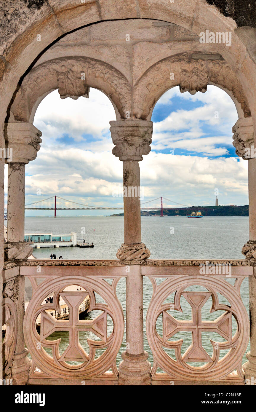 Portugal, Lisbon: Manueline window of the Tower of Belem Stock Photo ...