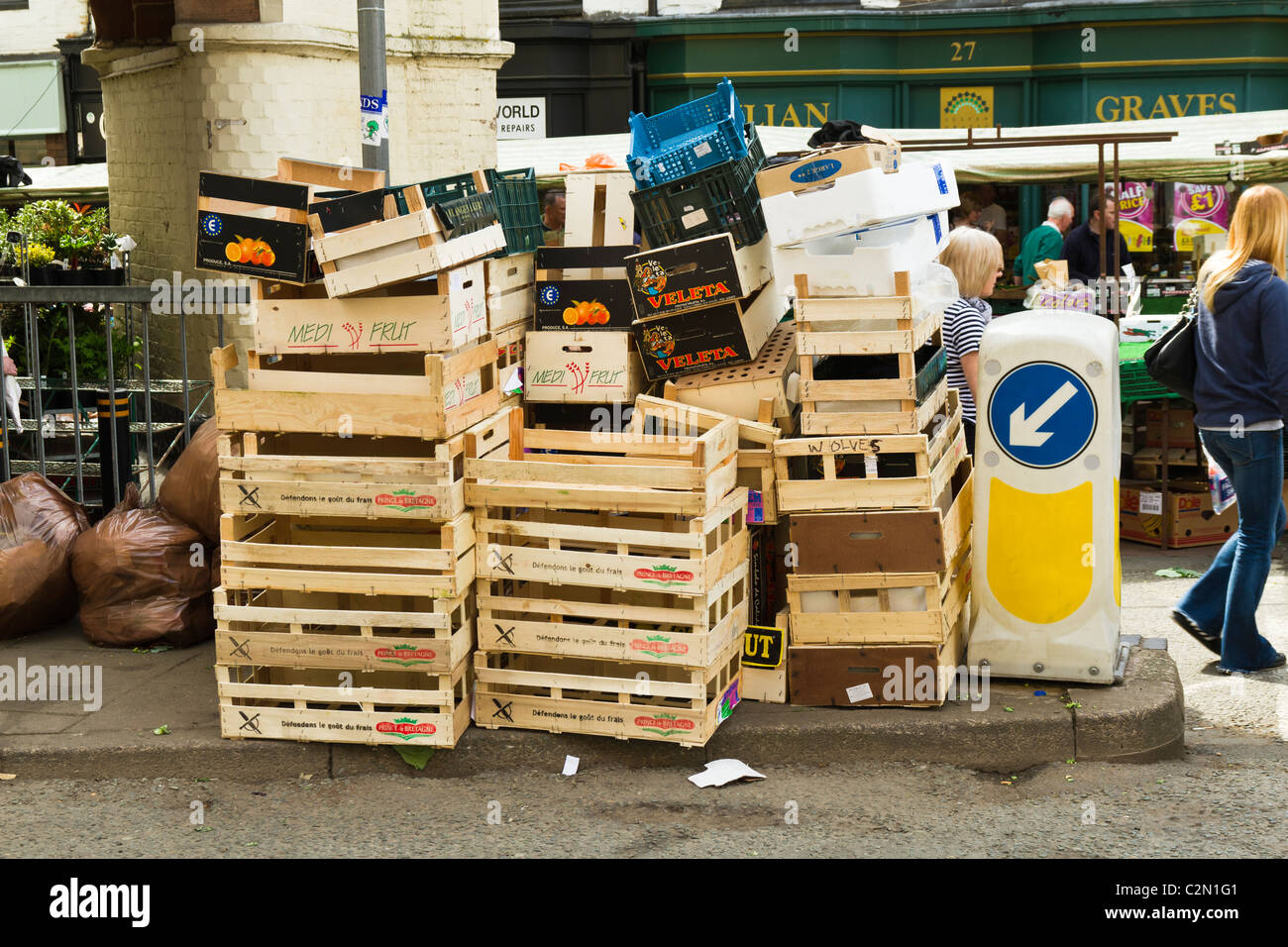 Wooden crates on a market stall Stock Photo - Alamy