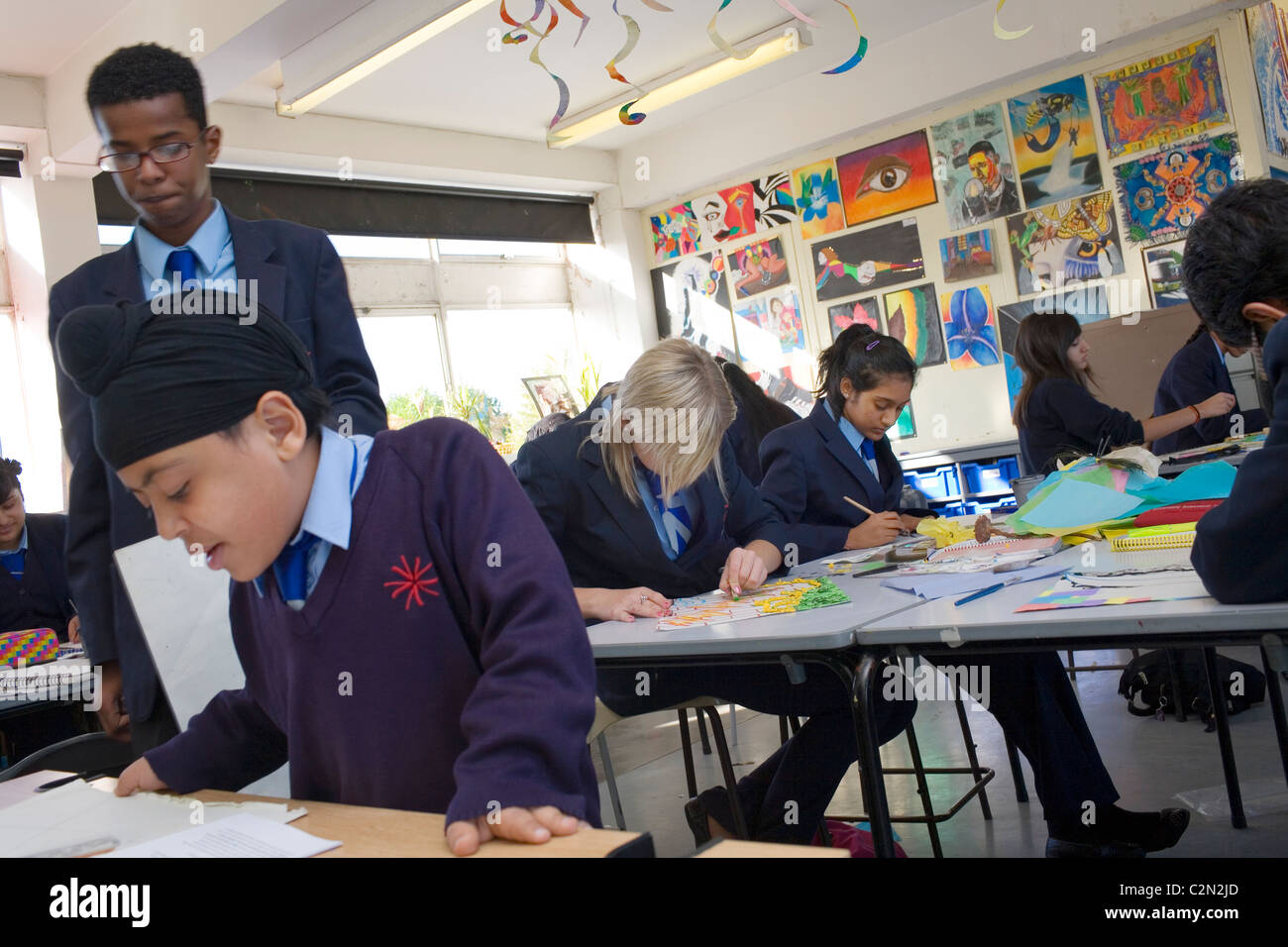 An ethnically mixed art class at Villiers High School in Southall, west ...