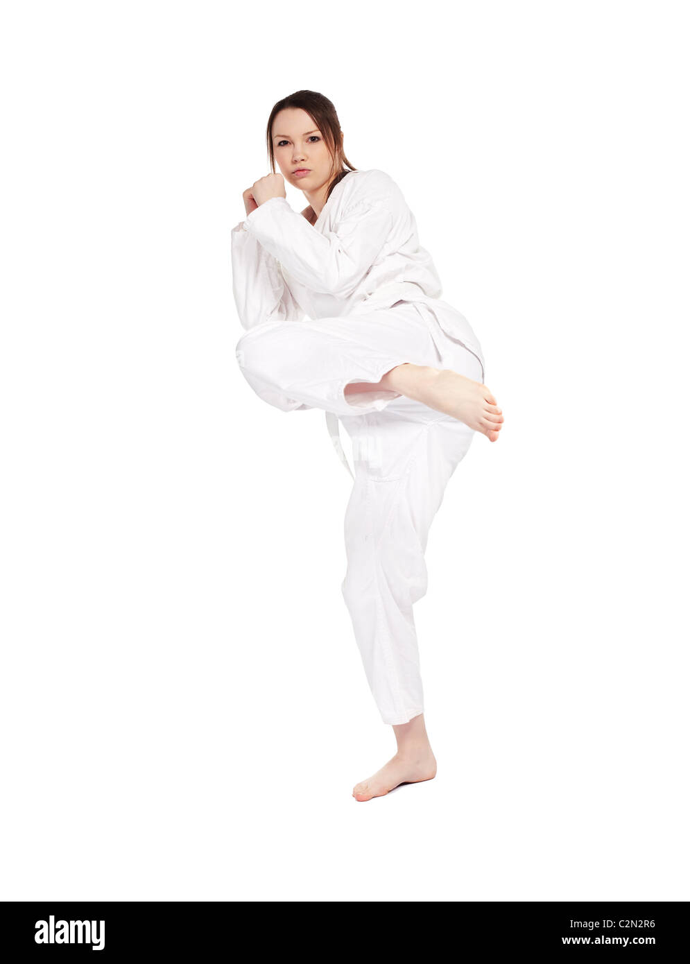 full-length isolated portrait of beautiful martial arts girl in kimono ...