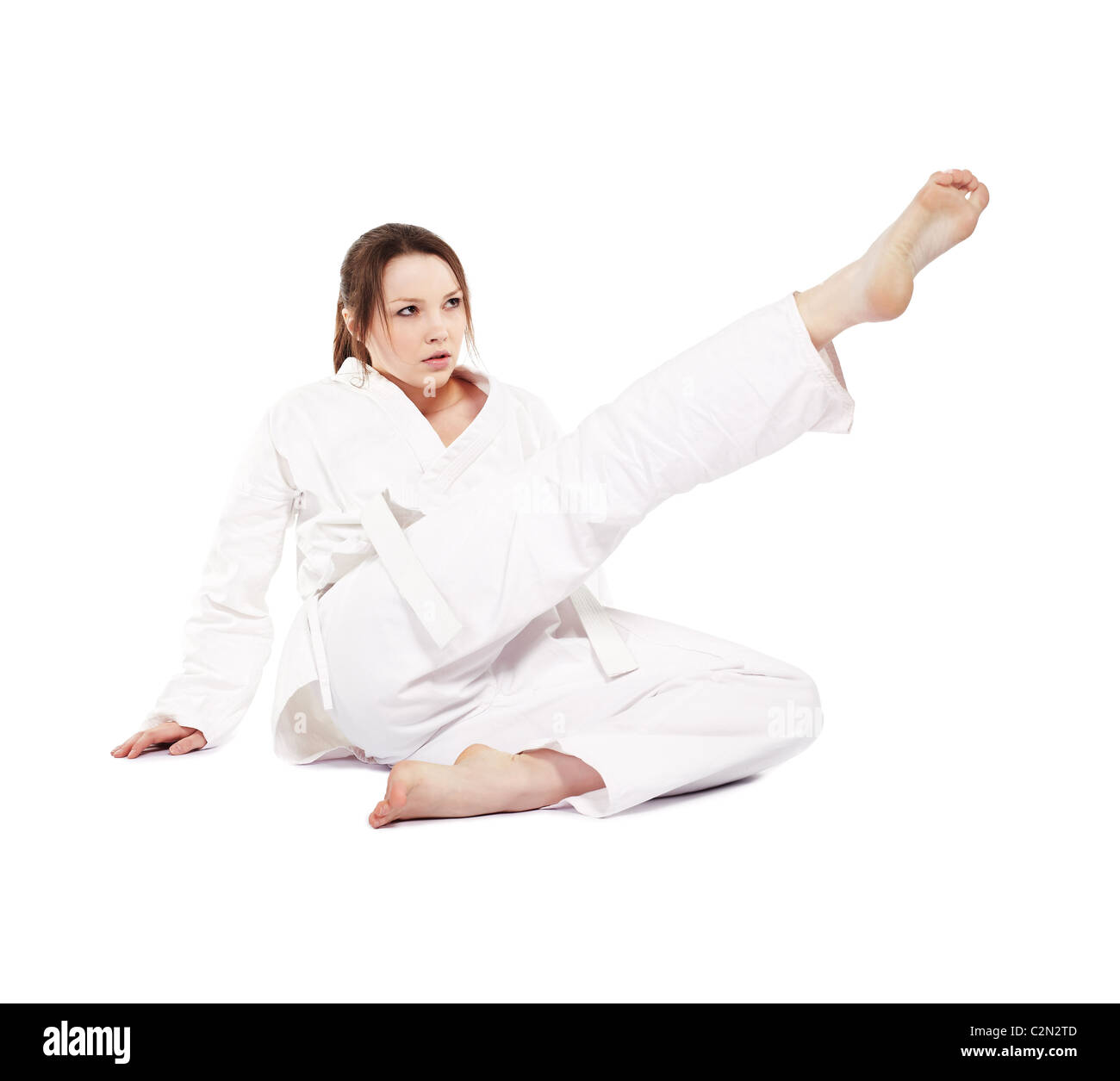 full-length isolated portrait of beautiful martial arts girl in kimono ...