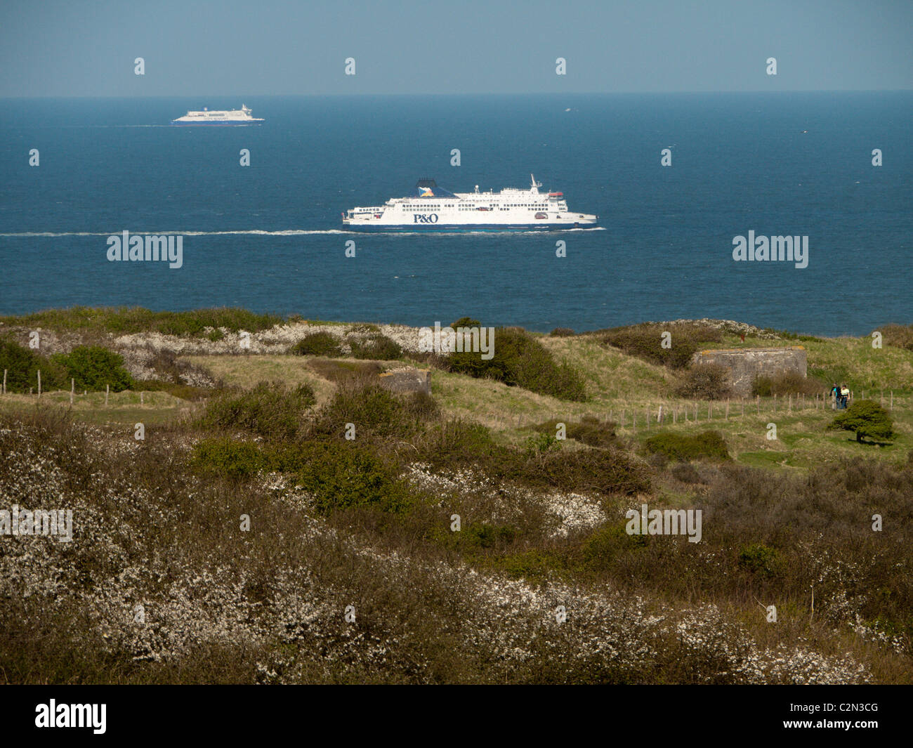 Cross channel ferries come seen from the cliffs at Cap Blanc Nez near ...