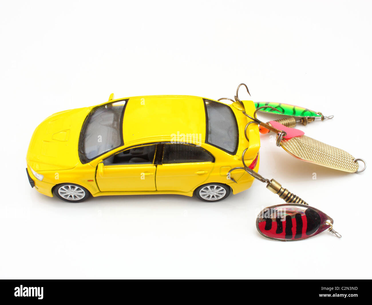 The car of yellow color caught on a spinner for the big predatory fish ...