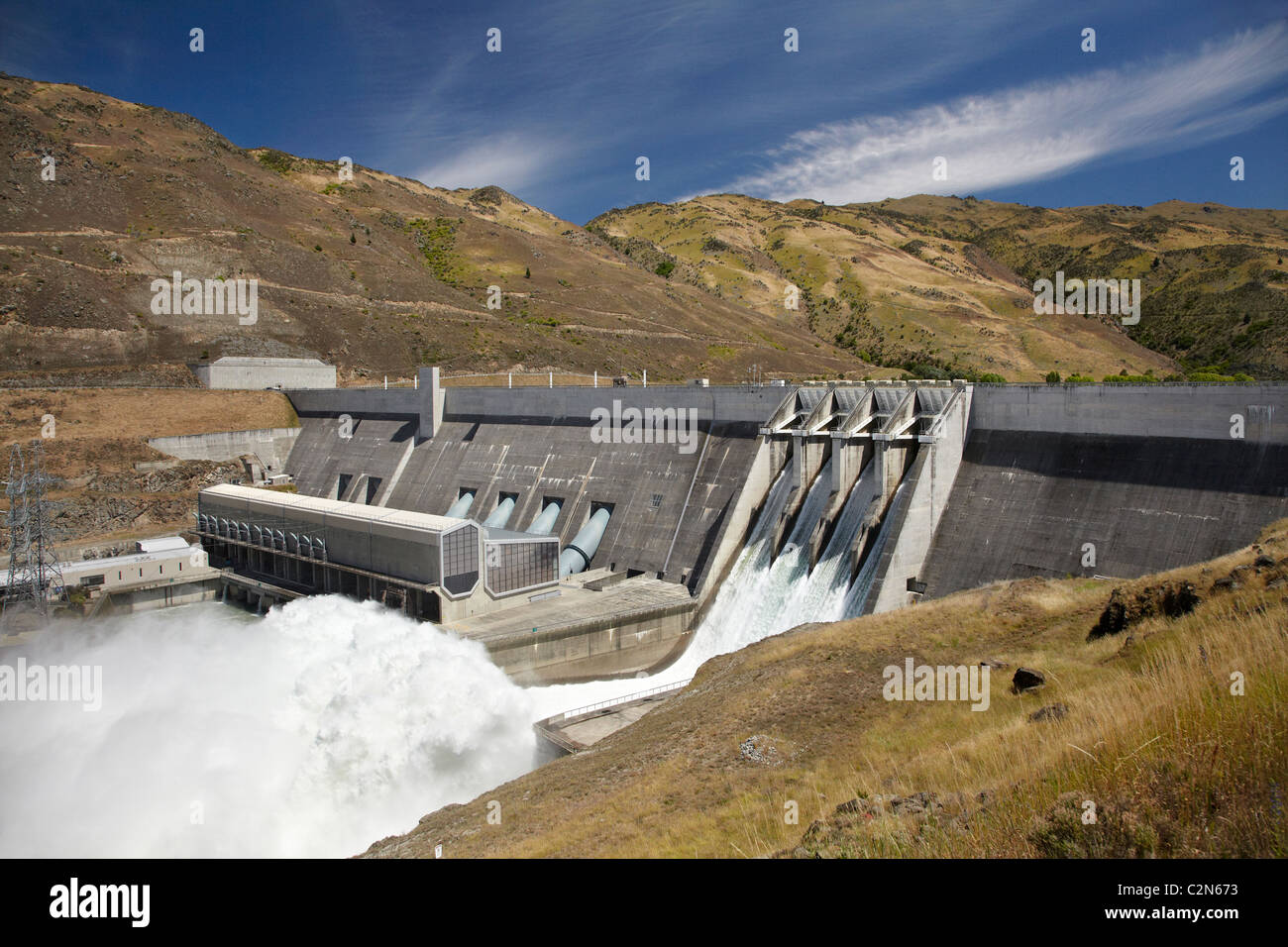 Water spilling from Clyde Dam, Clyde, Central Otago, South Island, New ...