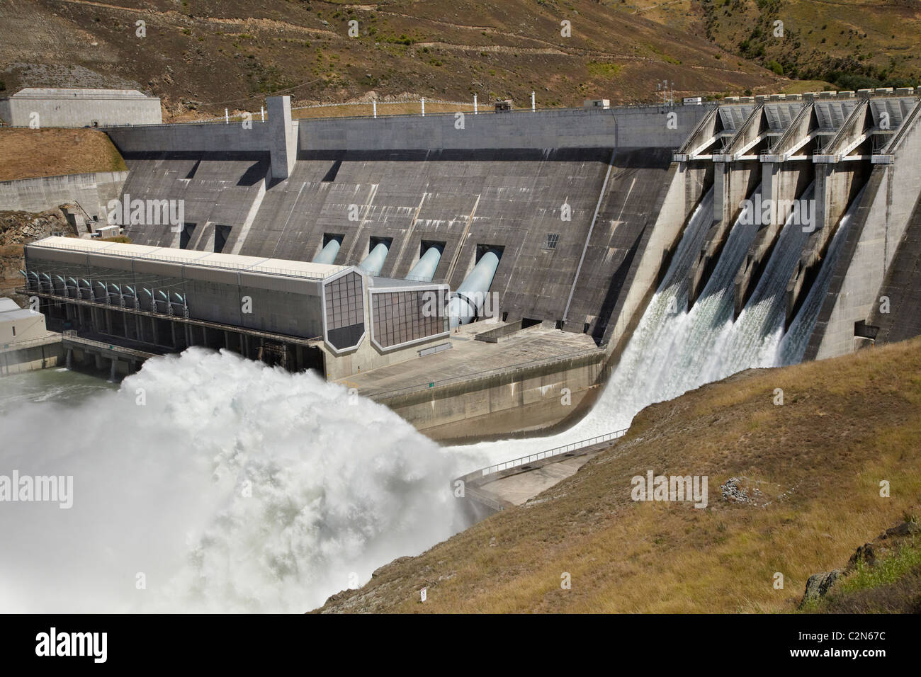 Water spilling from Clyde Dam, Clyde, Central Otago, South Island, New ...