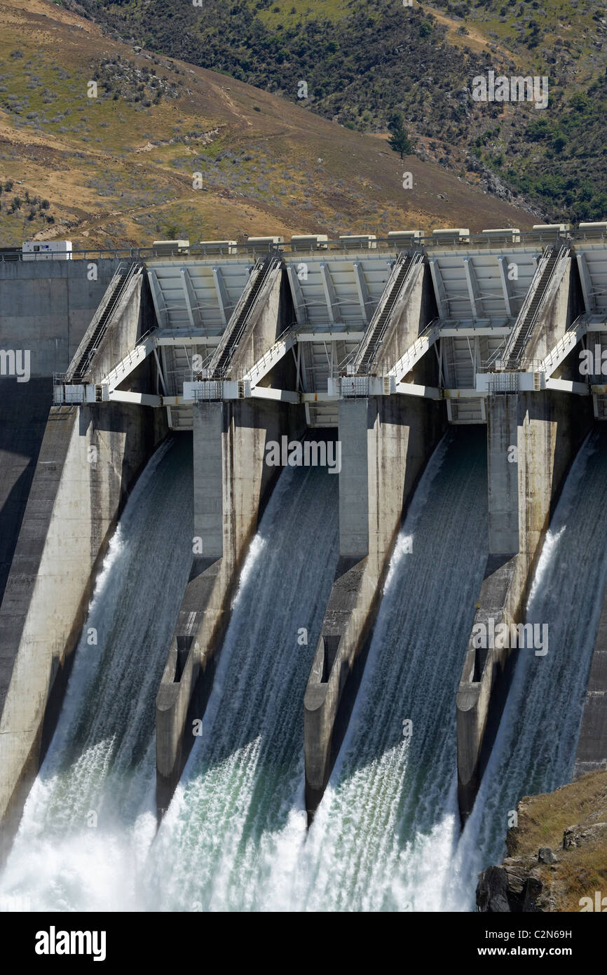 Water spilling from Clyde Dam, Clyde, Central Otago, South Island, New ...