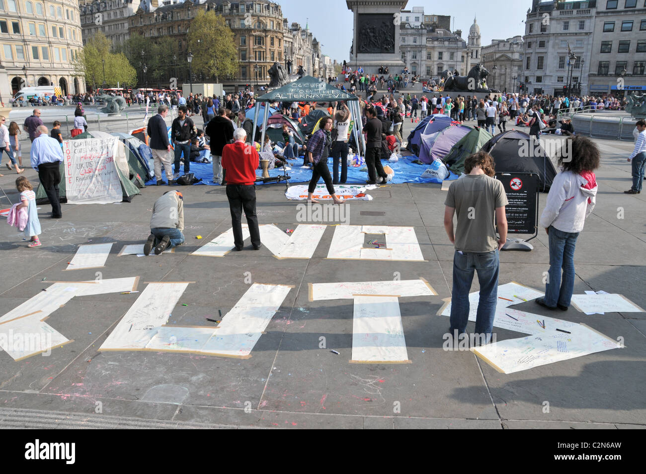 No Cuts Protest Trafalgar Square Radical tents sit in occupation Stock ...