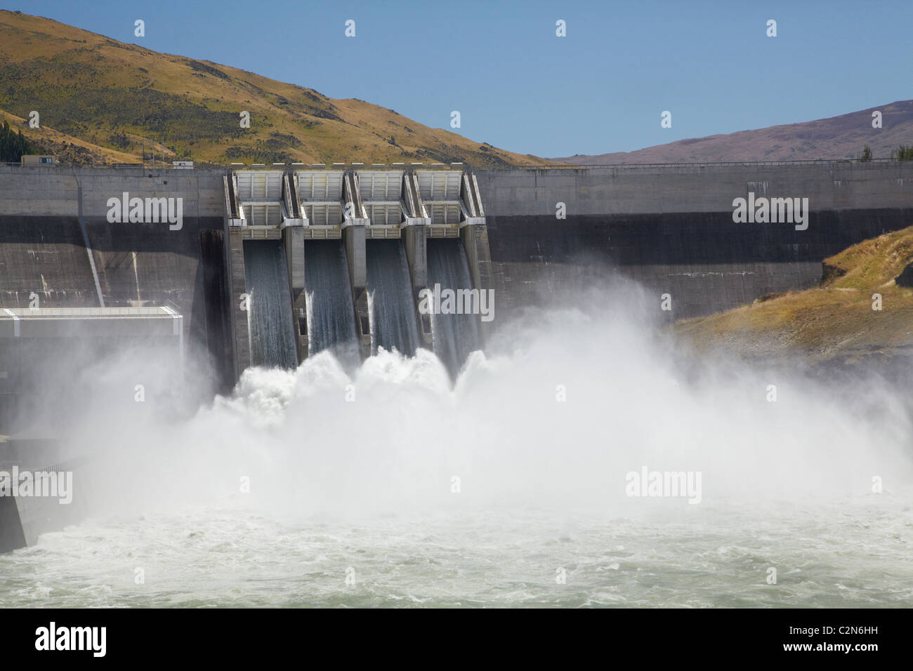 Water spilling from Clyde Dam, Clyde, Central Otago, South Island, New ...
