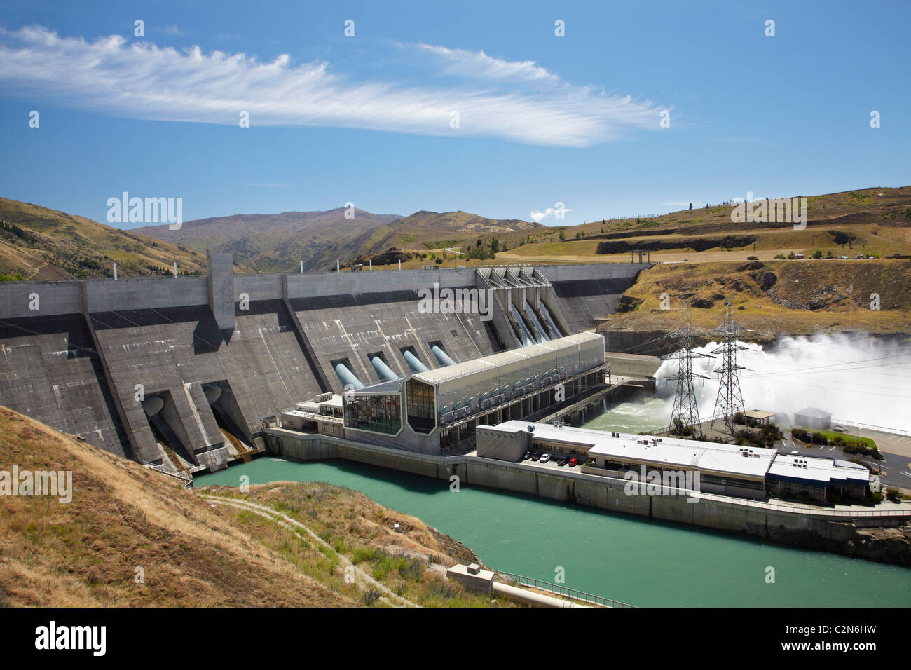Water spilling from Clyde Dam, Clyde, Central Otago, South Island, New ...