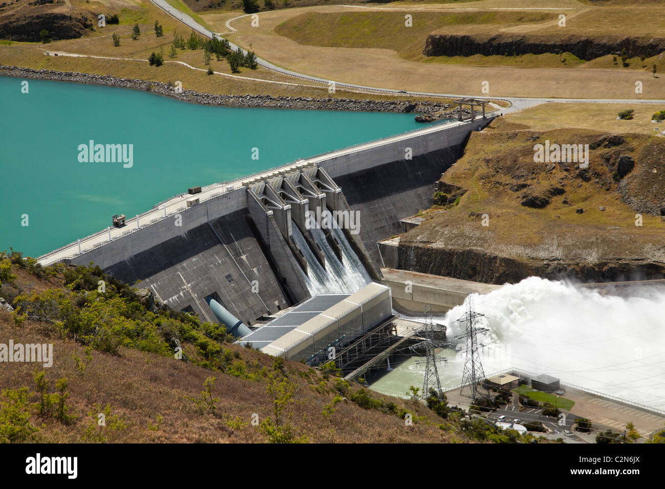 Water spilling from Clyde Dam, Clyde, Central Otago, South Island, New ...