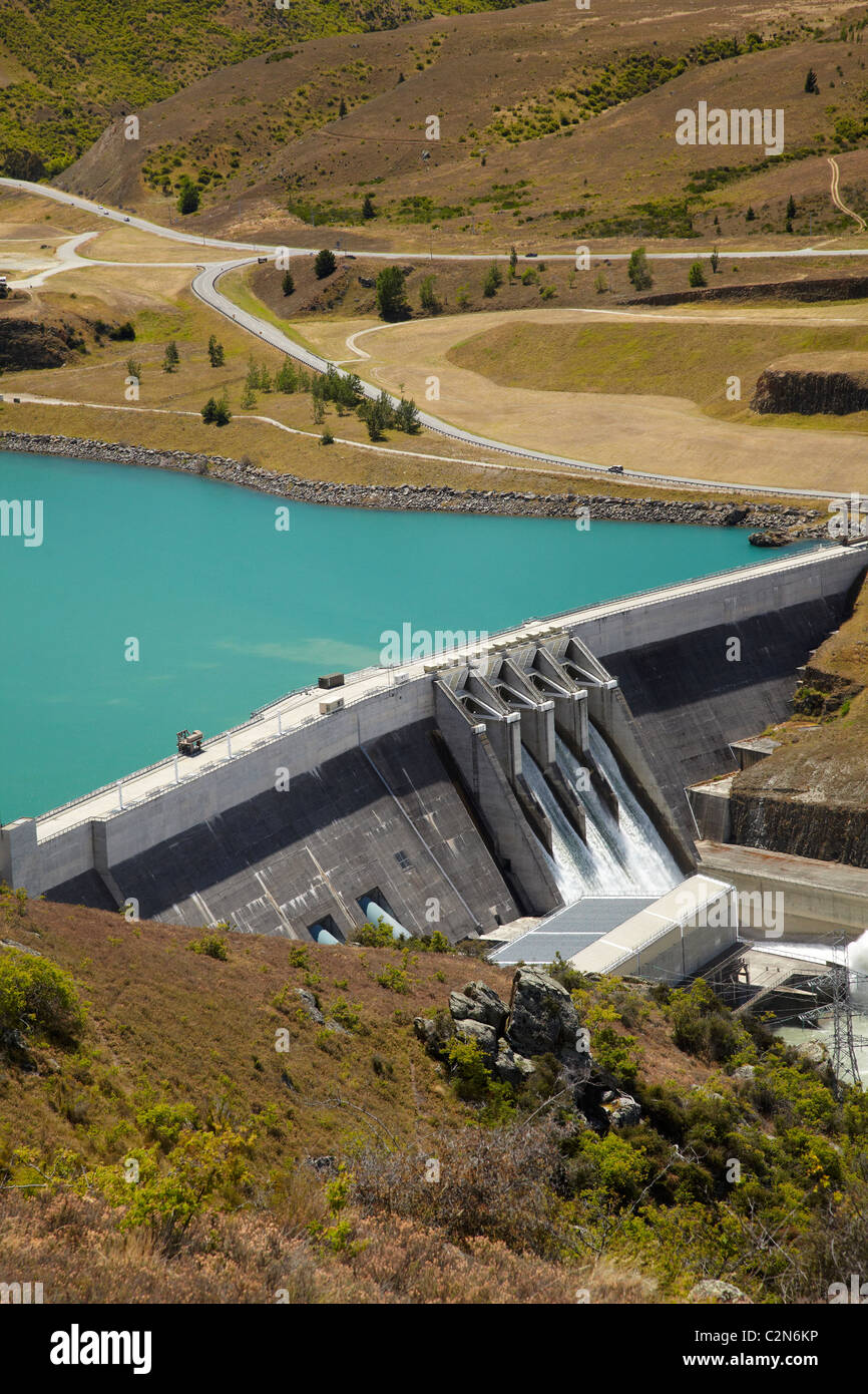 Water spilling from Clyde Dam, Clyde, Central Otago, South Island, New ...