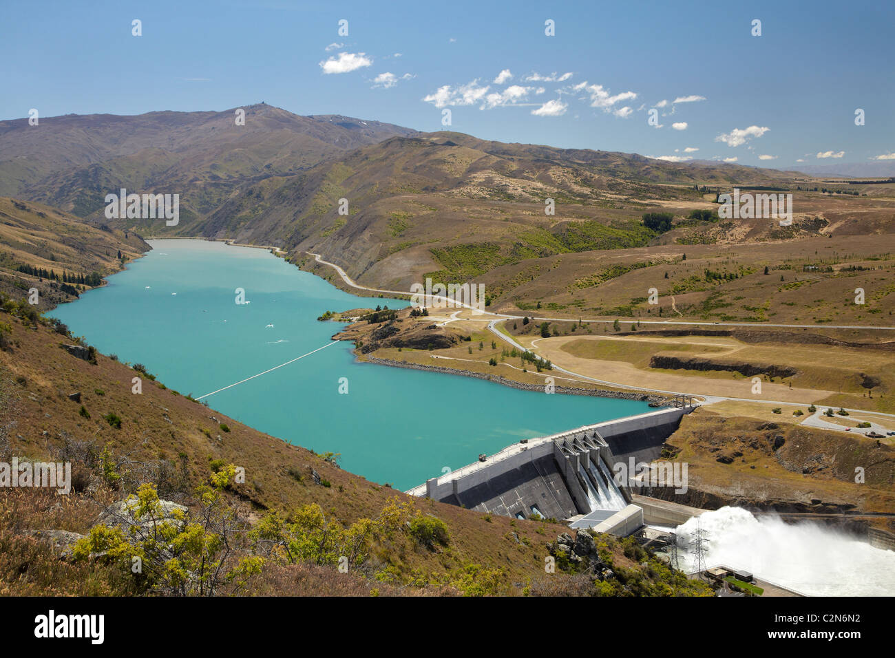 Water spilling from Clyde Dam, Clyde, Central Otago, South Island, New ...