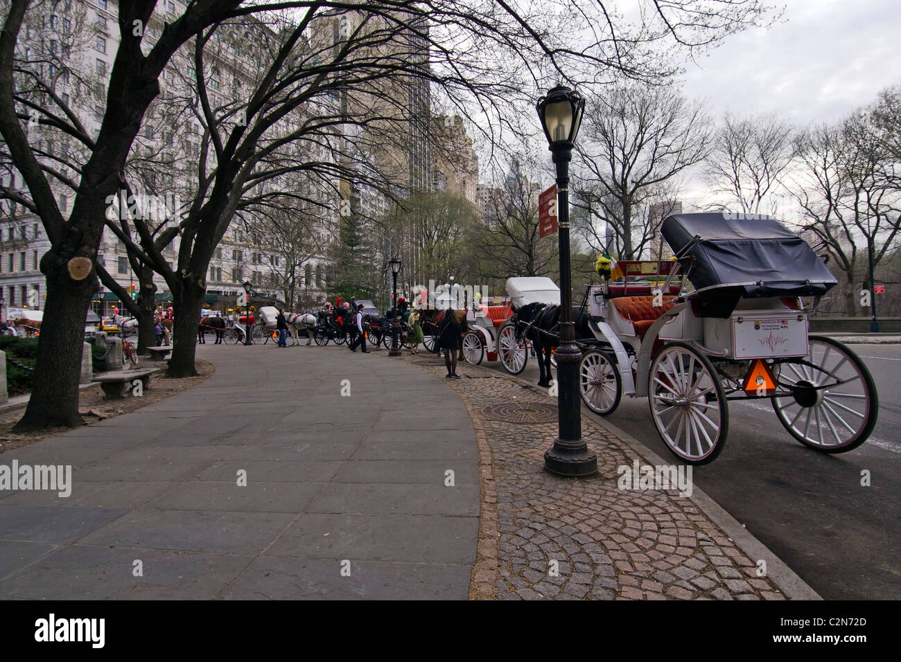 Horse Drawn Carriages also known as Handsome Cabs parked end to end at ...