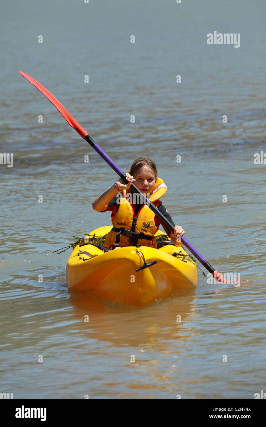 Young girl in kayak, Lake Dunstan, Cromwell Gorge, Central Otago, South ...
