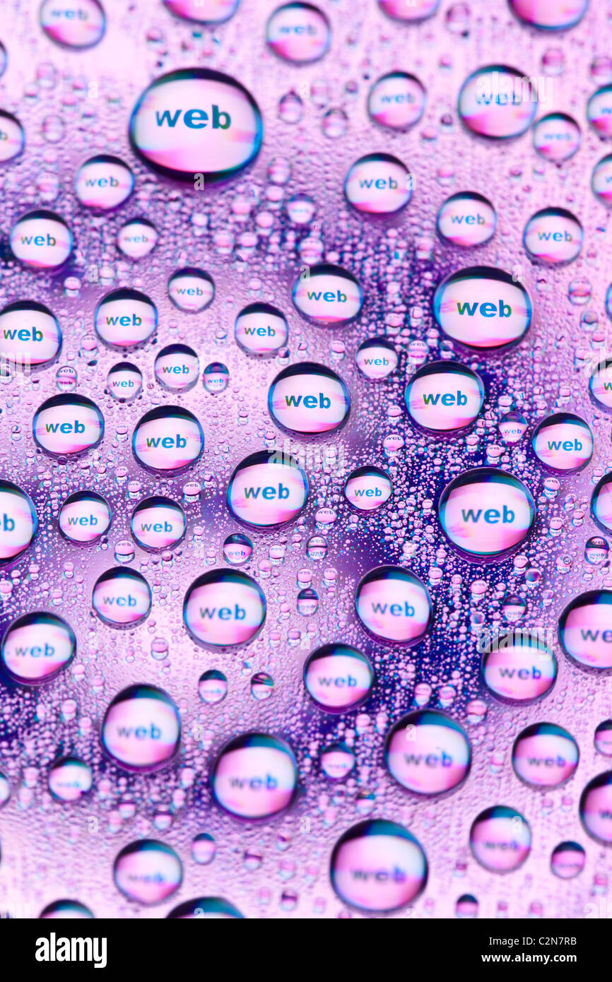 The words "WEB" reflected in the drops of water. Close-up of water ...